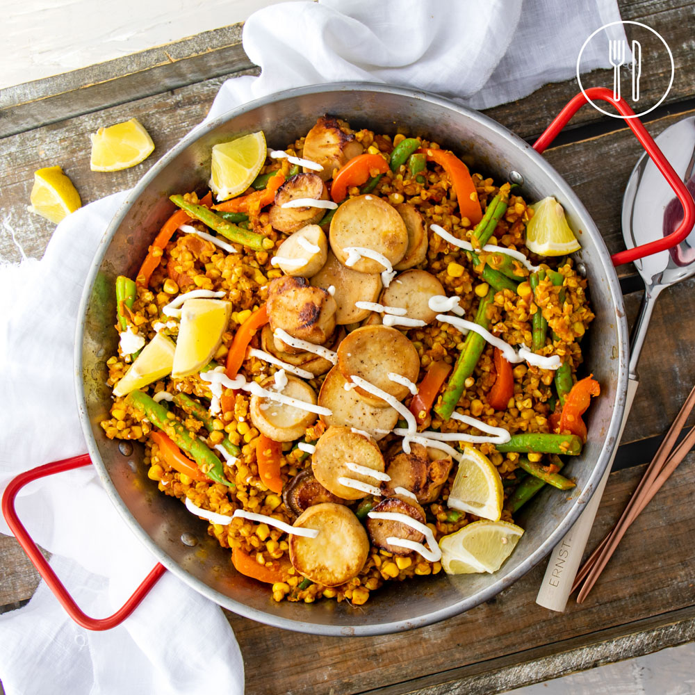 Buckwheat Paella topped with Oyster Mushroom Scallops | Dinner Twist