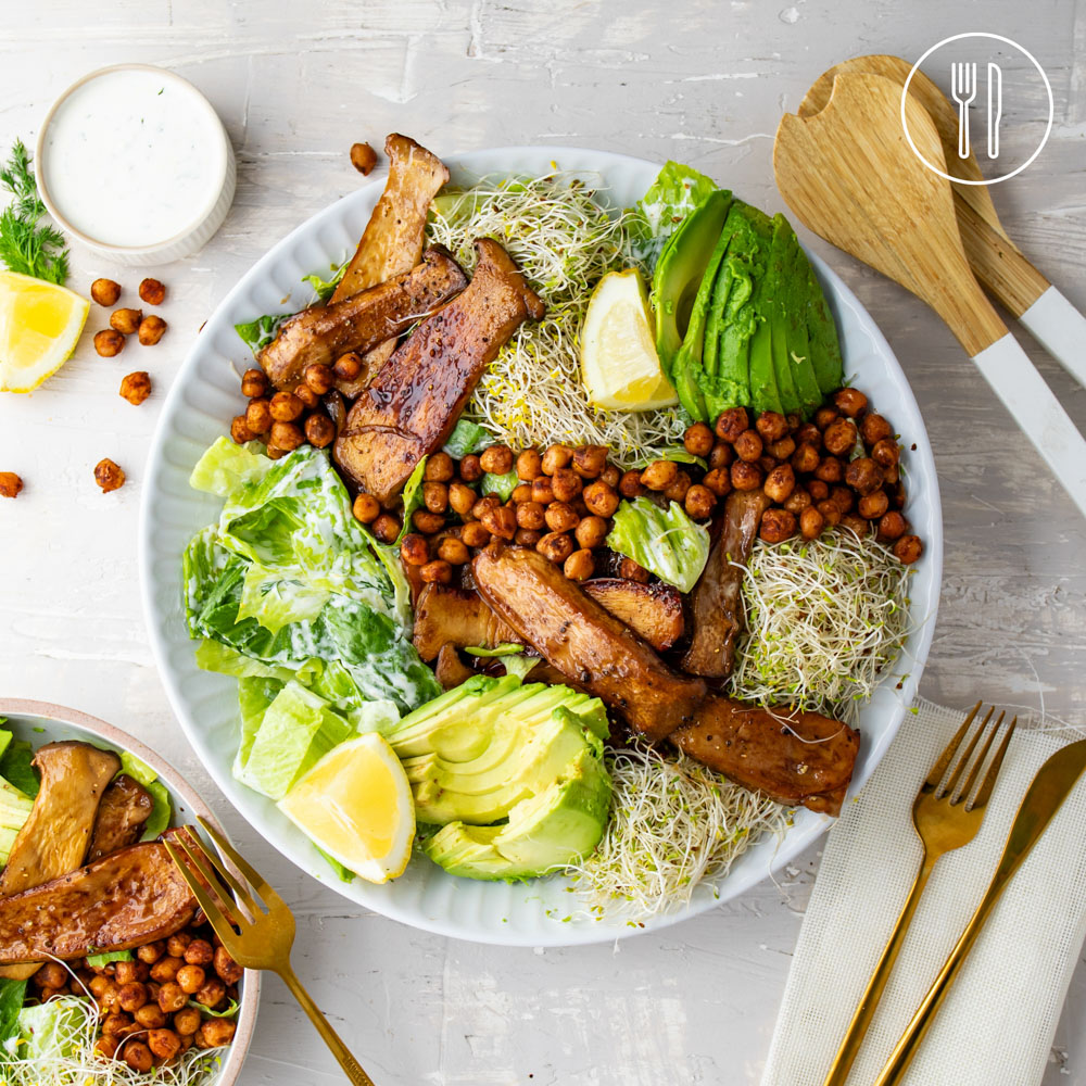 Oyster Mushroom Caesar Salad with Crispy Chickpeas | Dinner Twist